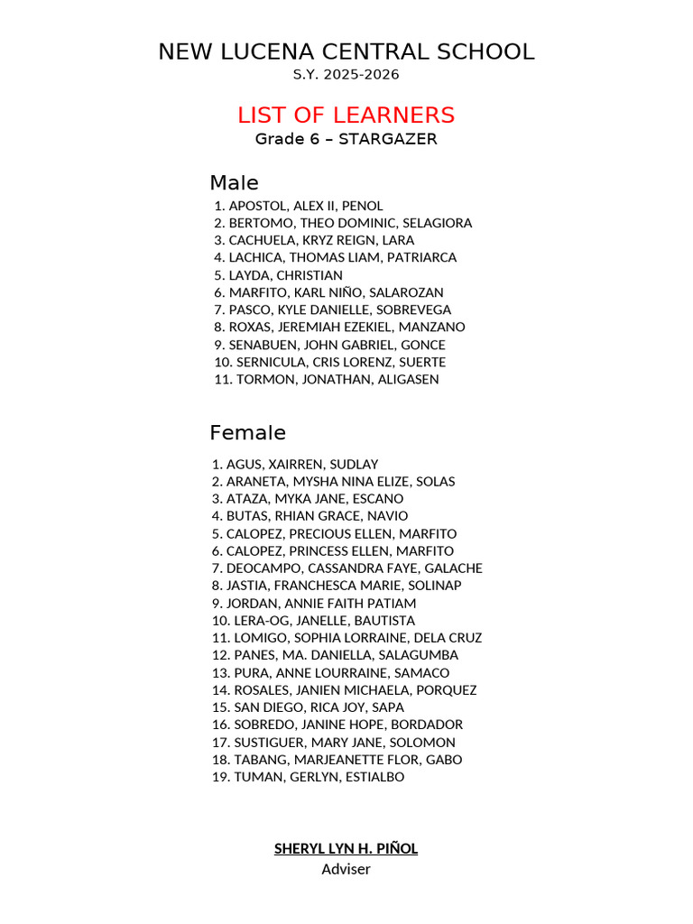 Stargazer Grade 6 Learners List 2025-26 | PDF