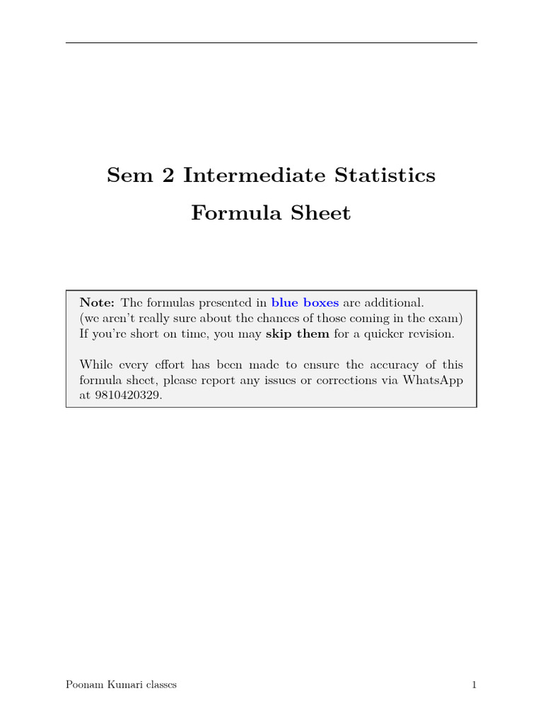 Intermediate Statistics Formula Sheet | PDF | Estimator | Bias Of An ...
