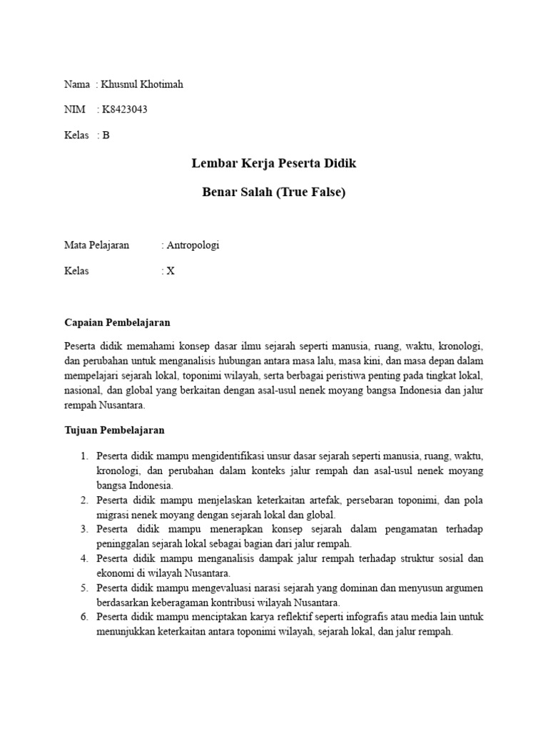 LPKD Antropologi Benar Salah (True False) Kelas X_Khusnul Khotimah (K8423043) | PDF
