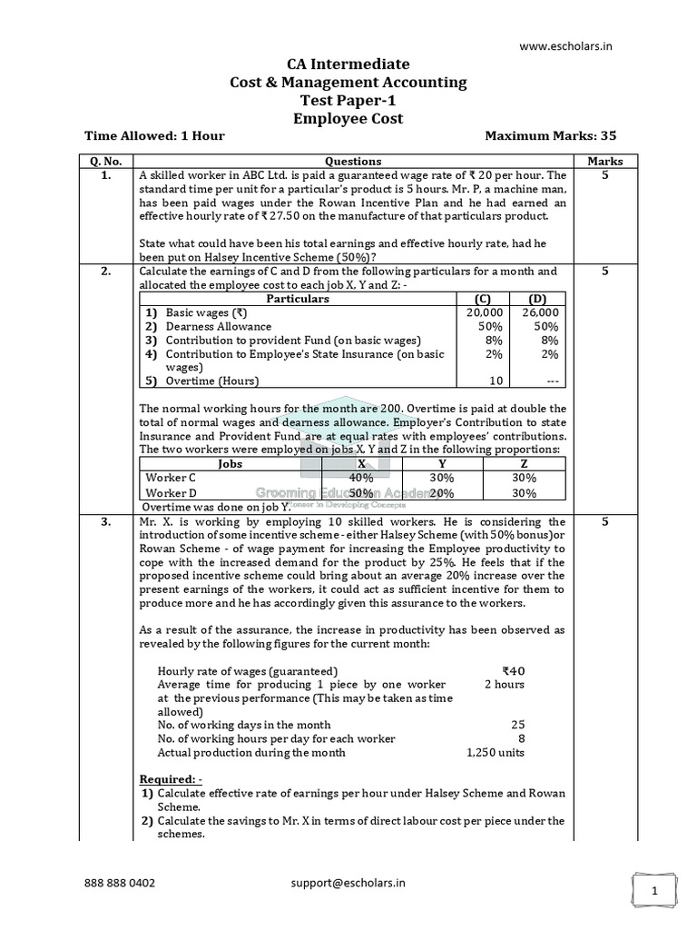 CA Intermediate Employee Cost Test Paper | PDF | Salary | Employment