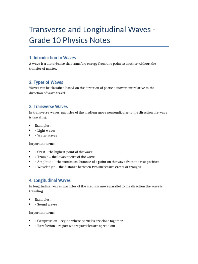 Physics Grade 10 Notes Transverse Longitudinal Waves | PDF