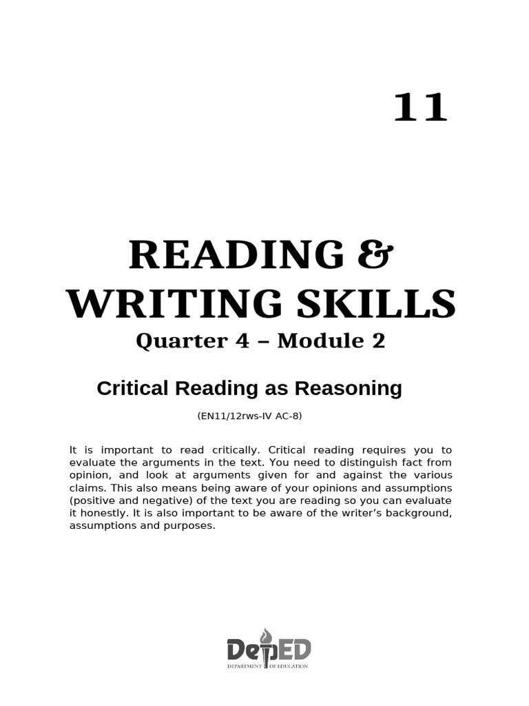 Reading Writing Skills11 Q4 M2 | PDF | Reason | Critical Thinking
