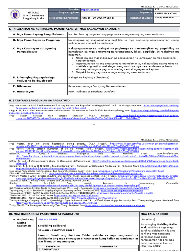 DLL Matatag - Values Education 8 q1 w1 | PDF