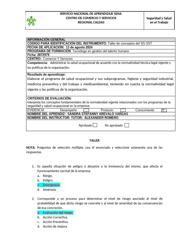 Taller de Conceptos Del SG-SST - Aprendiz | PDF | Seguridad y salud ocupacional | Riesgo