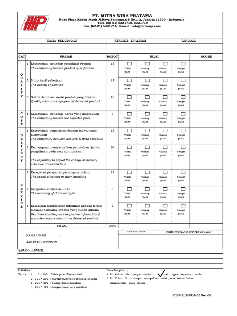 MWP-SLS-FRM-03 Form Survey Kepuasan Pelanggan | PDF