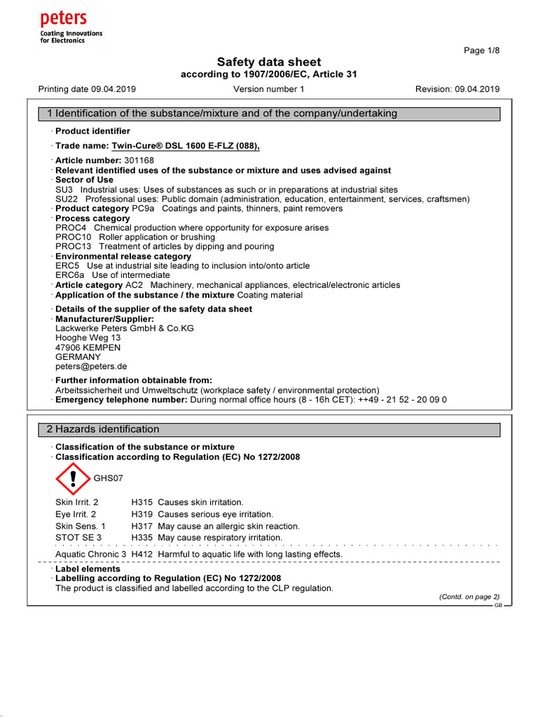 MSDS Coating DSL 1600 E-Flz | PDF | Toxicity | Dangerous Goods