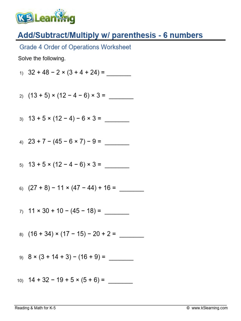 Grade 4 Add Subtract Multiply Parenthesis Six Numbers D | PDF