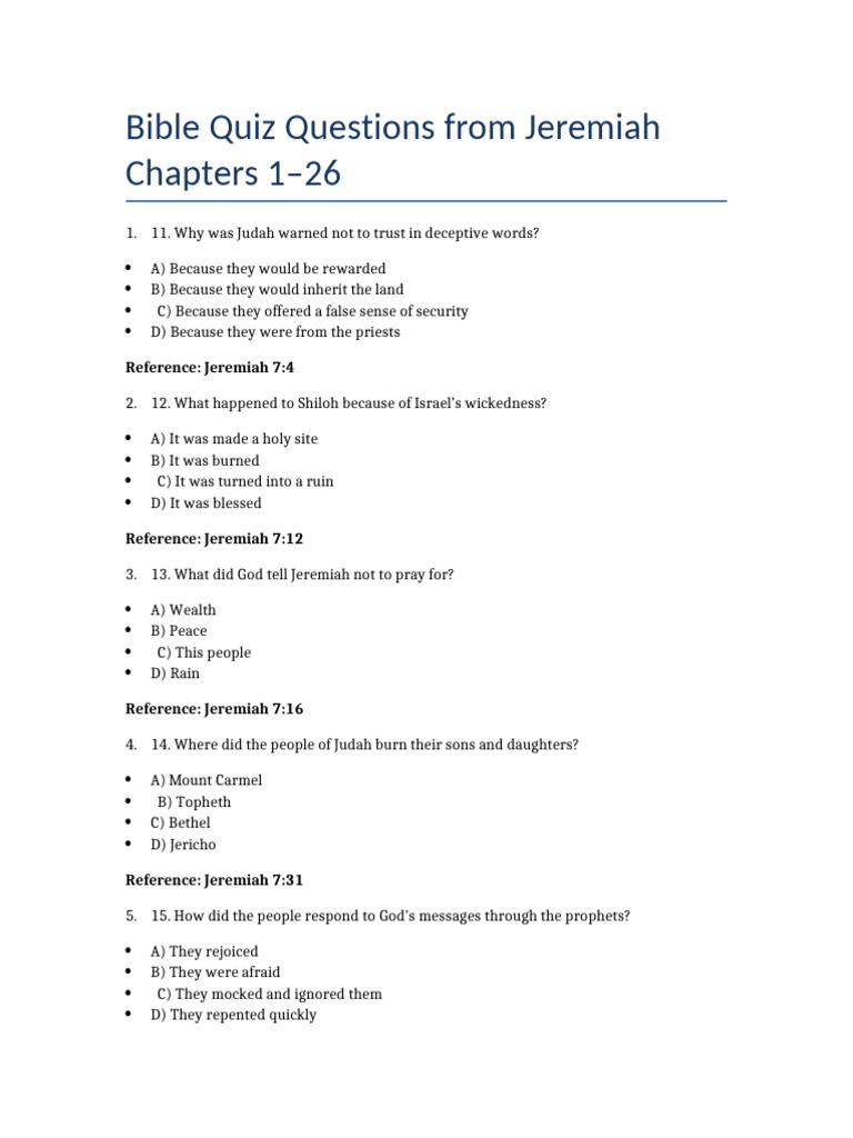 Jeremiah Bible Quiz Questions & Answers | PDF | Jeremiah | Babylonian ...