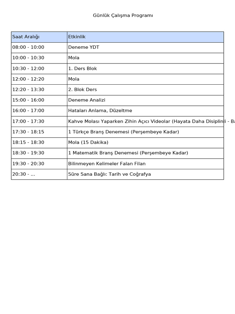 Gunluk Calisma Programi | PDF