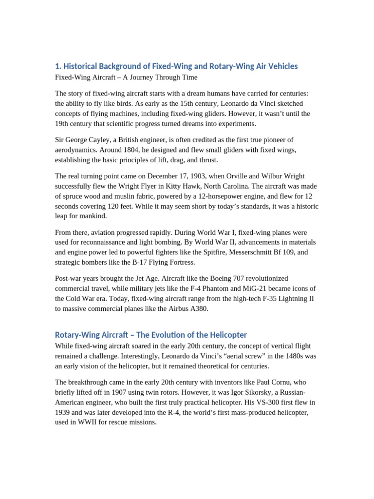 Fixed and Rotary Wing Aircraft History | PDF | Aircraft | Fixed Wing ...