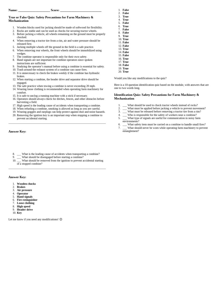 Farm Mech Quiz 3 Answer Key | PDF | Tractor | Vehicles