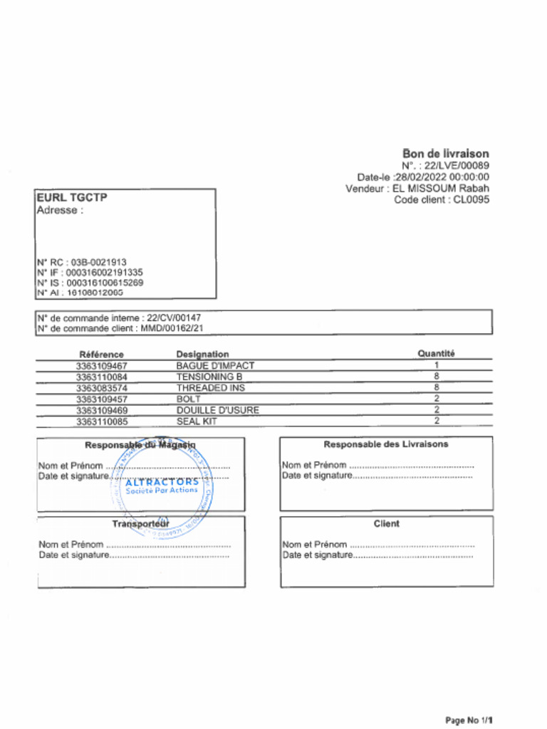 Bon de Livraisons TGCTP | PDF