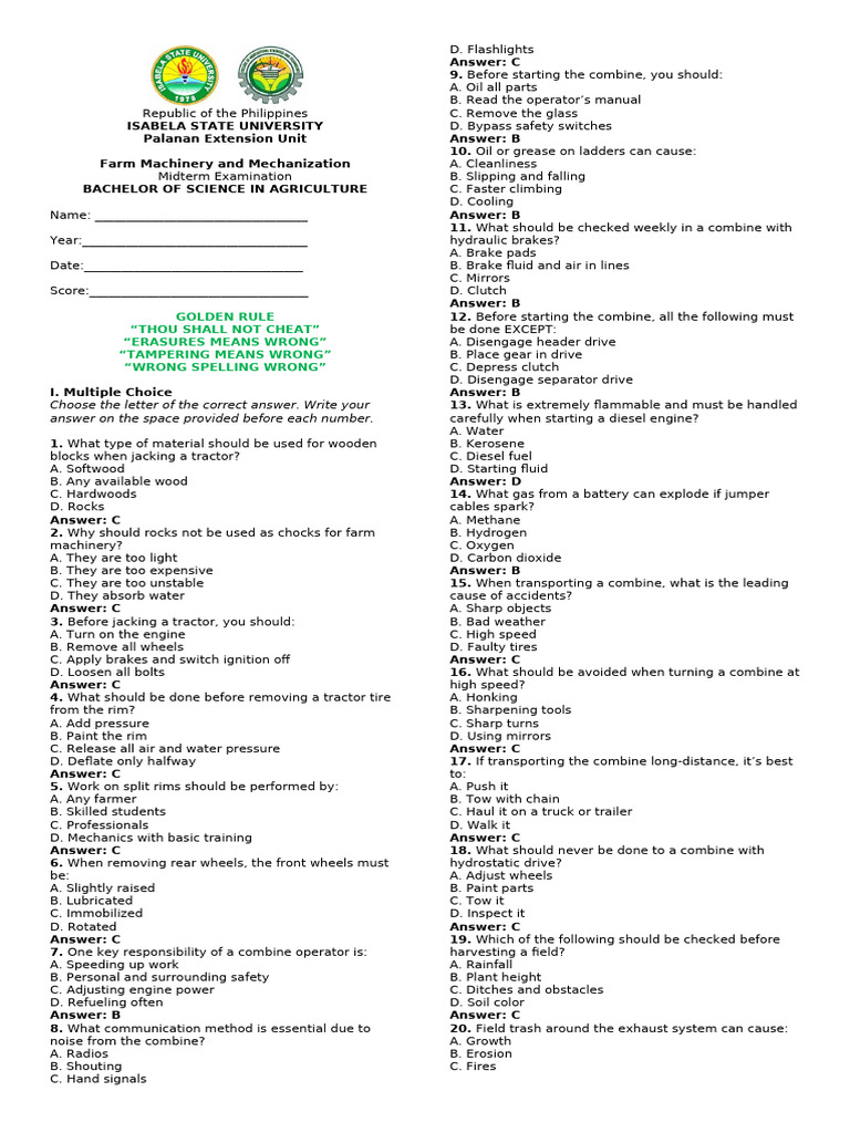 Midterm Exam Answer Key Farm Mech | PDF | Agricultural Machinery ...