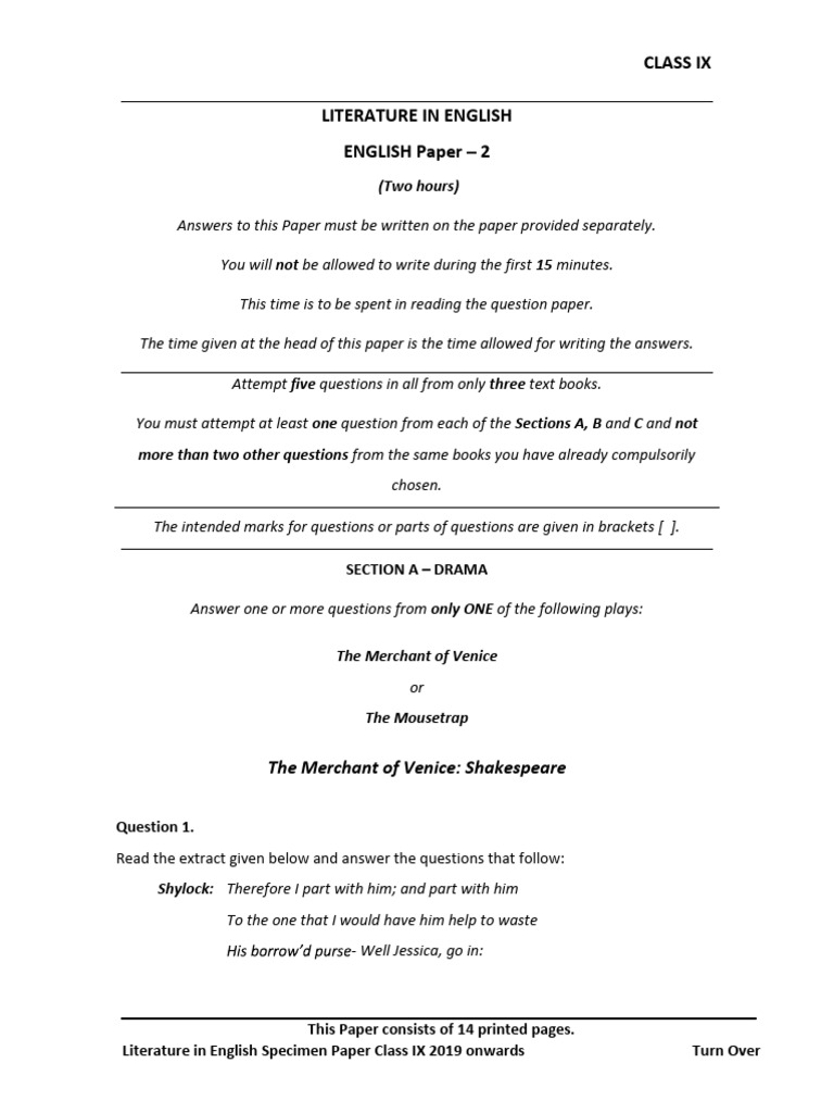 ICSE Class 9 English Sample Paper 3 | PDF | The Merchant Of Venice
