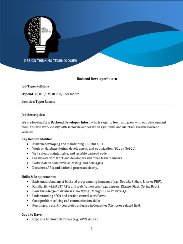 JD For Backend Developer Intern | PDF