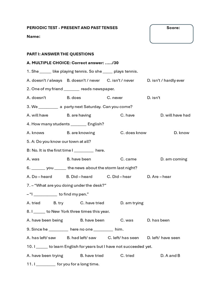 Periodic Test - Present and Past Tenses - Translation | PDF | Marketing ...