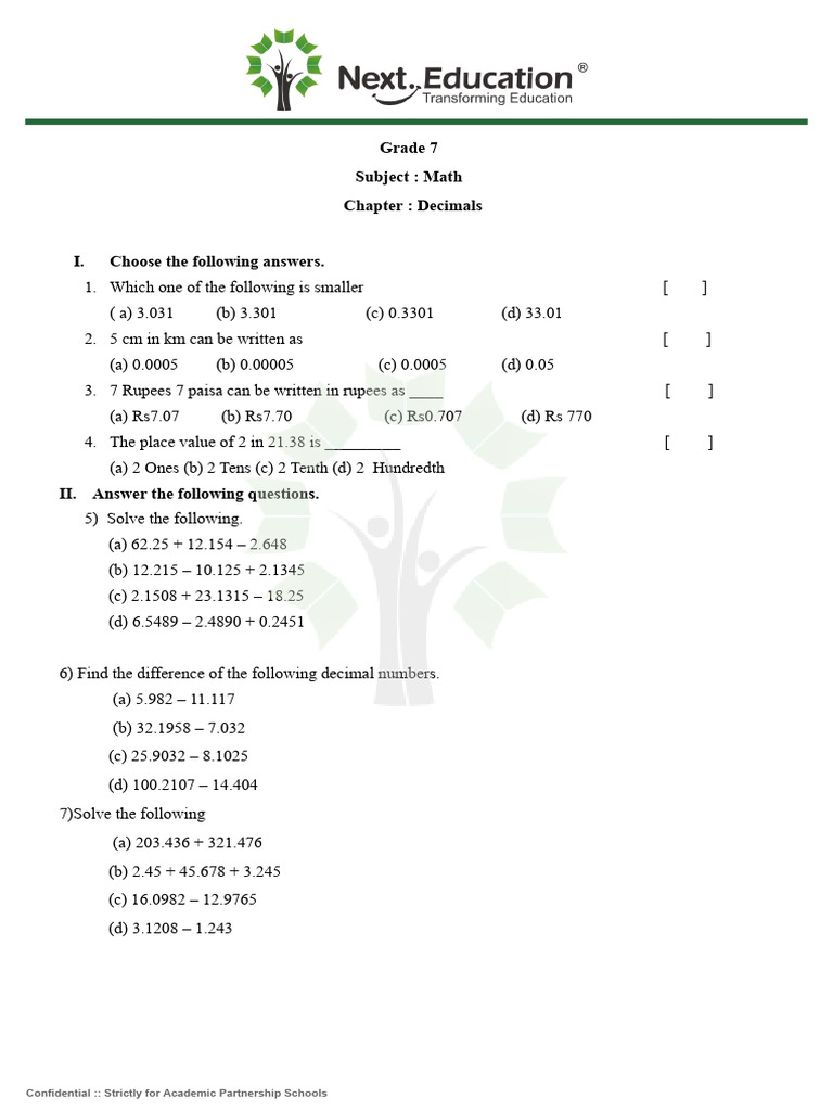 G7 - Maths - Decimals Worksheet | PDF | Arithmetic | Mathematics