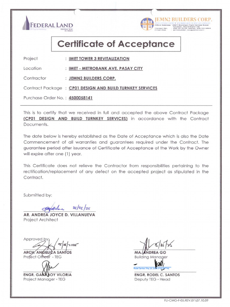 Certificate of Acceptance Signed_df3131cf 621b 461a 9ba4 Be41b0c2584a | PDF