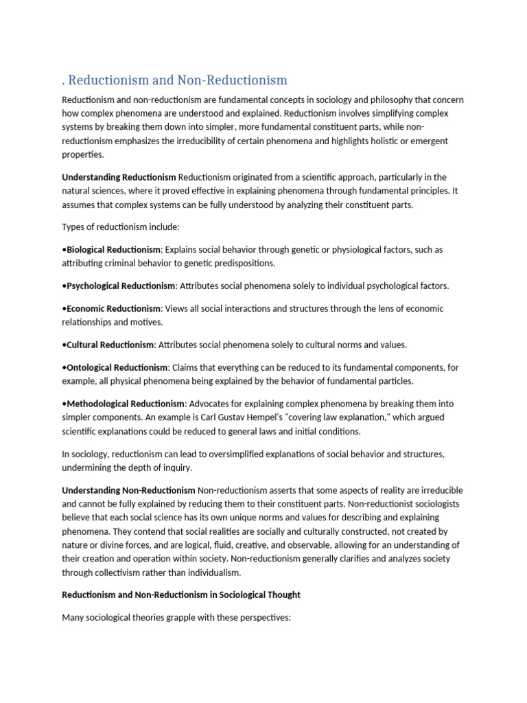 Reductionism vs Non-Reductionism in Sociology | PDF | Reductionism ...