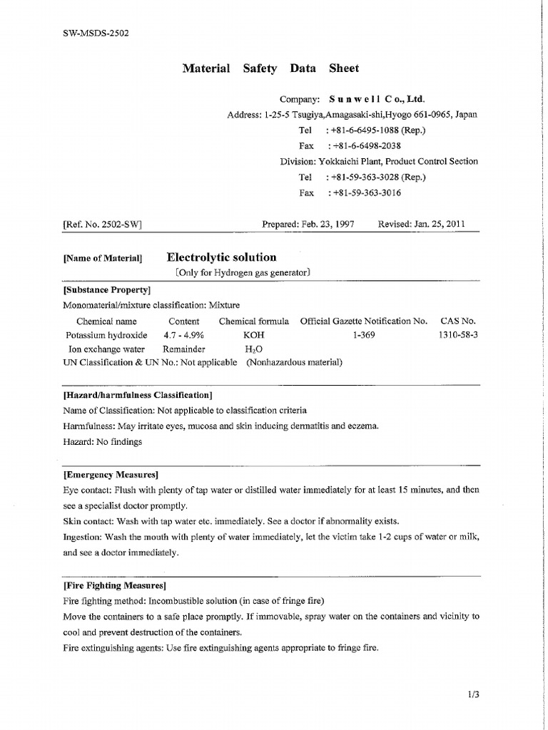 MSDS Electrolytic Solution | PDF