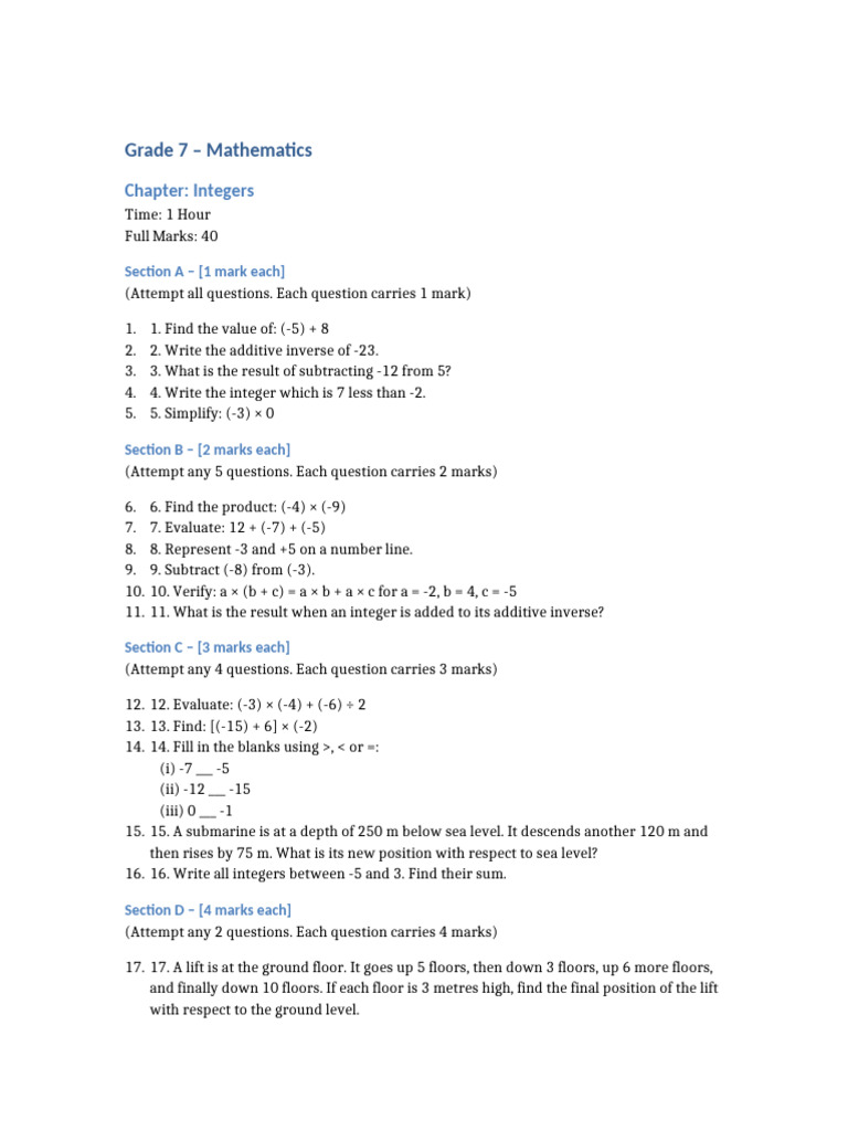 Grade 7 Integers Test Paper | PDF