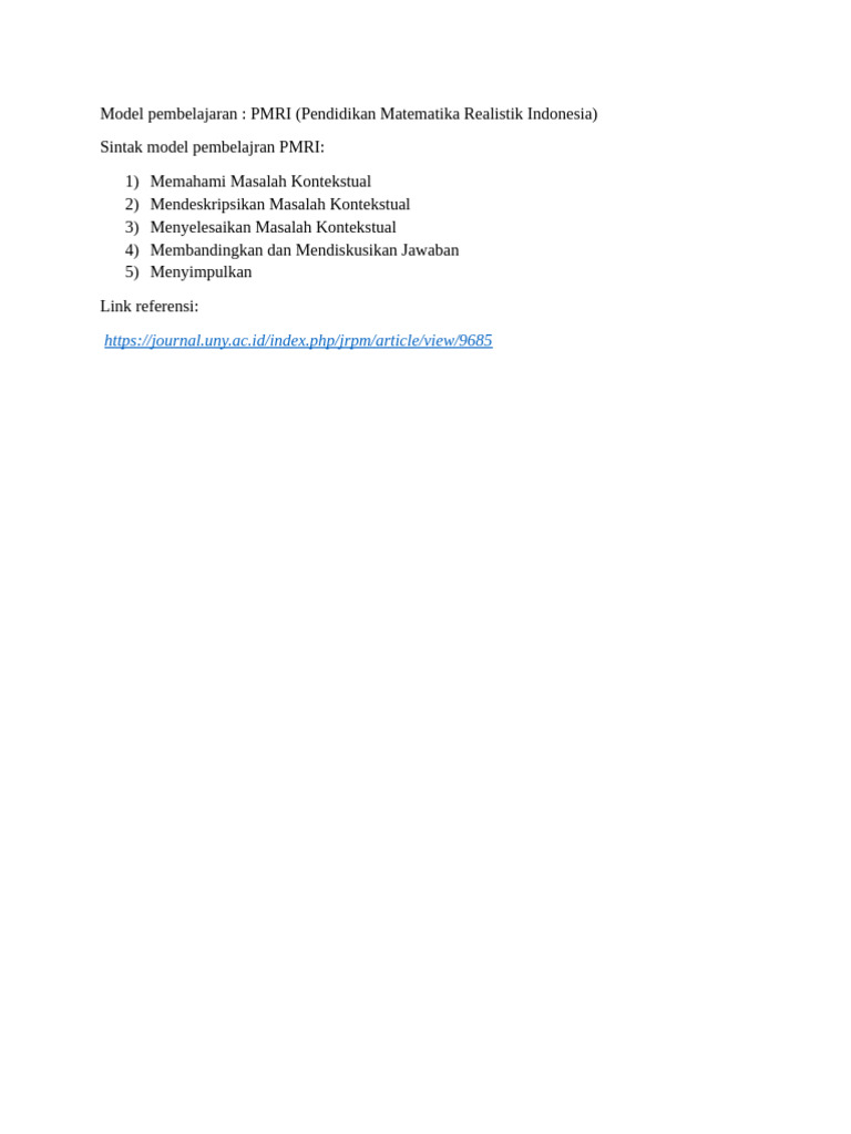 Sintaks Model PMRI dalam Pembelajaran | PDF