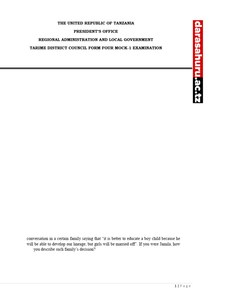 Civics Mock Exam for Form Four Students | PDF | Marriage | Family
