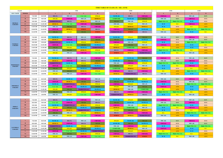 June Class Timetable (IX - XII) | PDF