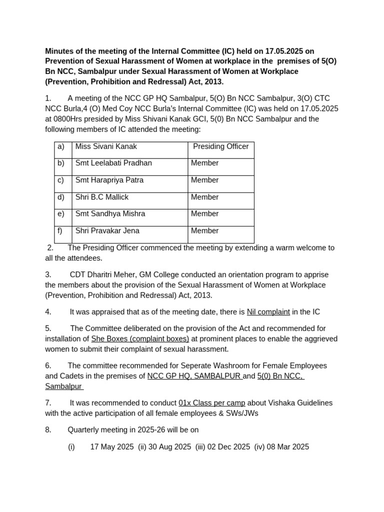 Vishakha Committee Meeting Minutes | PDF