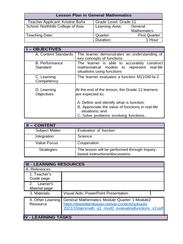 Lesson Plan in General Mathematics Jjfyyj | PDF | Function (Mathematics ...