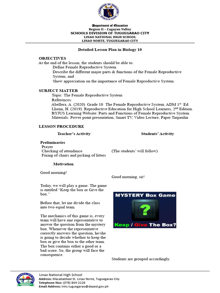 Biology 10 Lesson Plan: Female Reproductive System | PDF | Reproductive ...