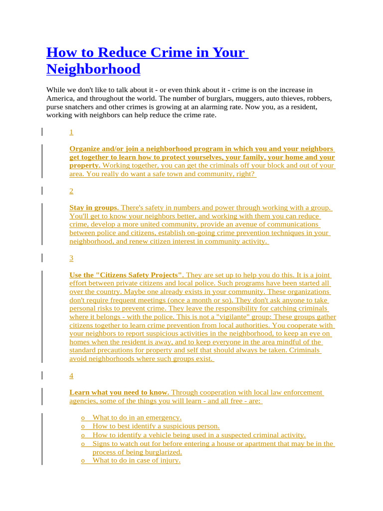 How To Reduce Crime in Your Neighborhood | PDF | Crimes | Crime & Violence