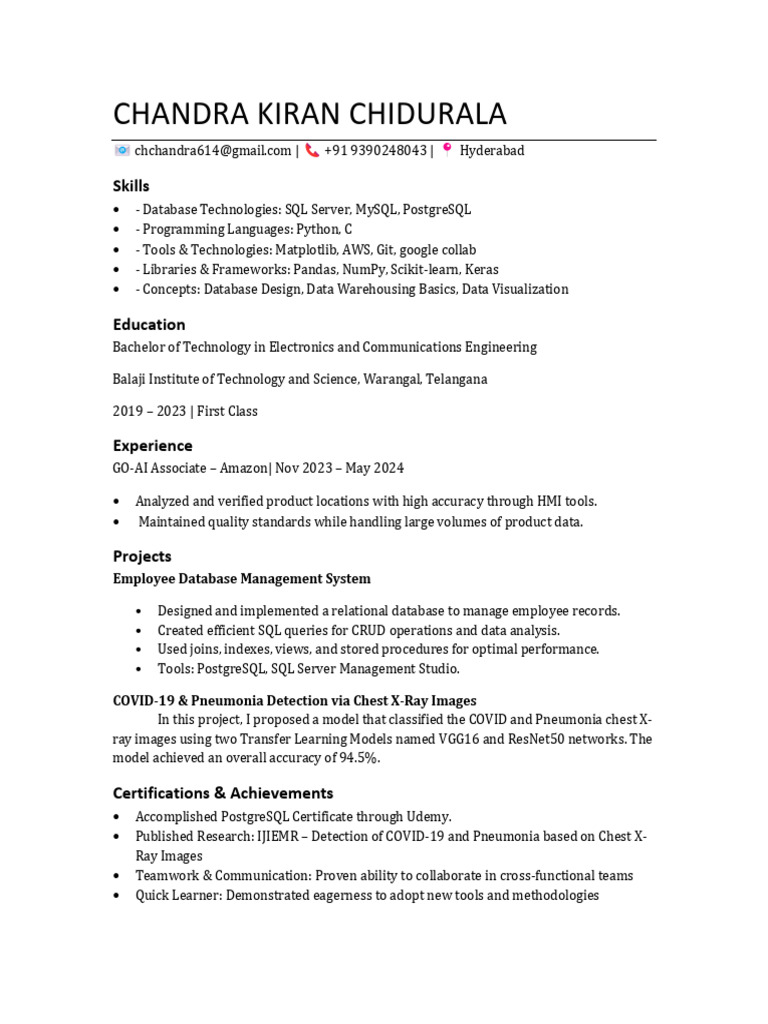Chandra Kiran SQL Resume Revalsys | PDF