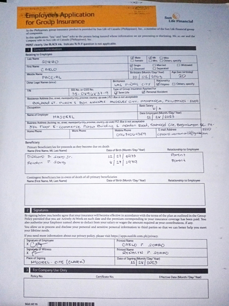 Sunlife Application Form | PDF