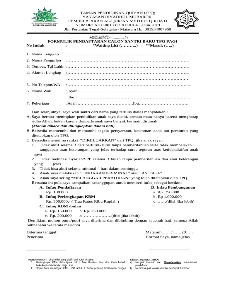 Formulir TPQ PAGI | PDF