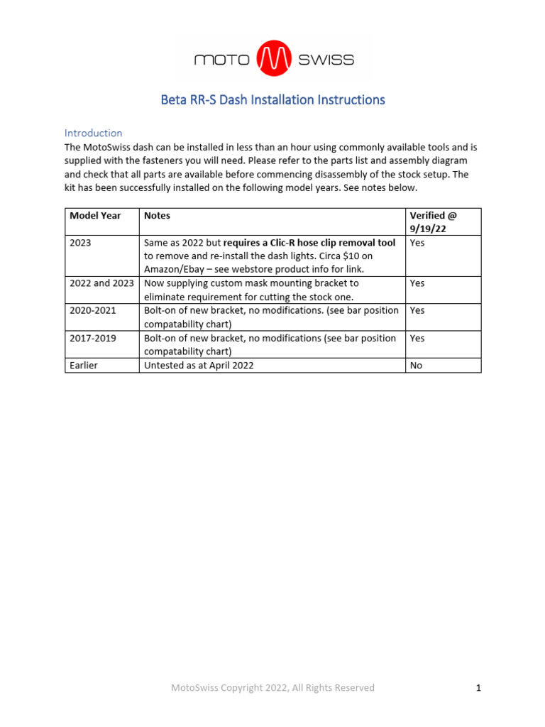 Beta RR-S Dash Installation Guide | PDF | Screw | Electrical Connector