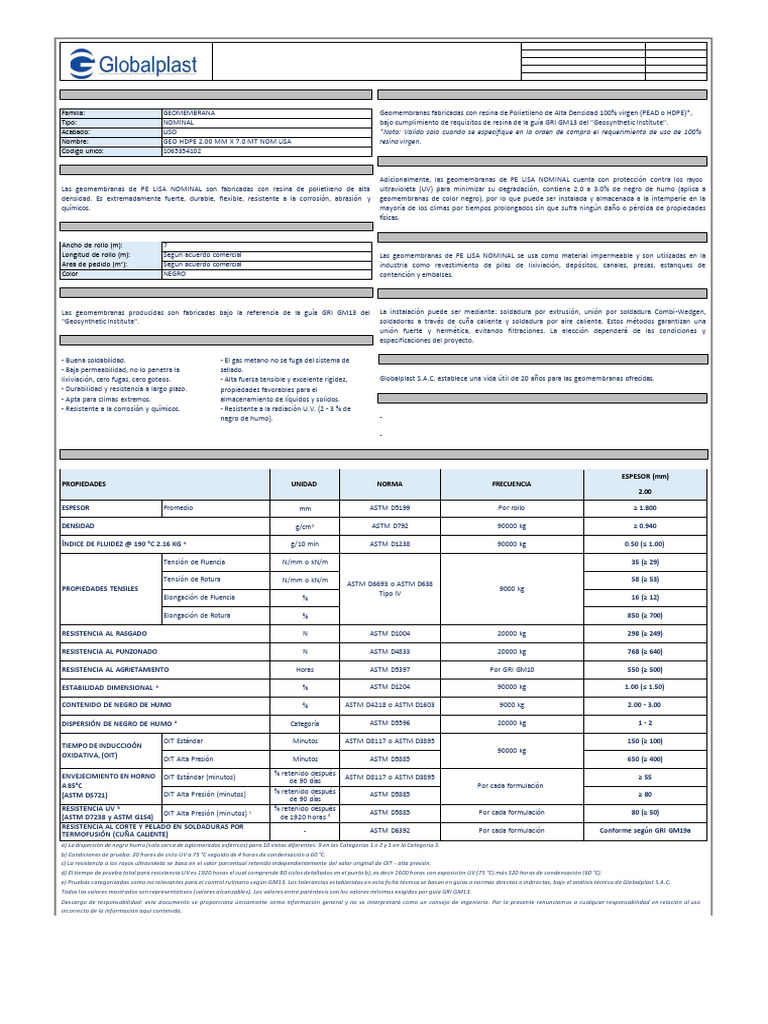 Ficha Tecnica Geo Hdpe 2.00 MM Lisa Nominal - Gaylap | PDF | Ultravioleta | Materiales