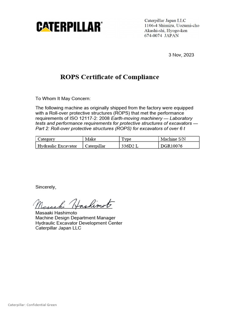 336D2L DGR10076 ROPS Certificate of Conformance - Signed - 20231103 | PDF