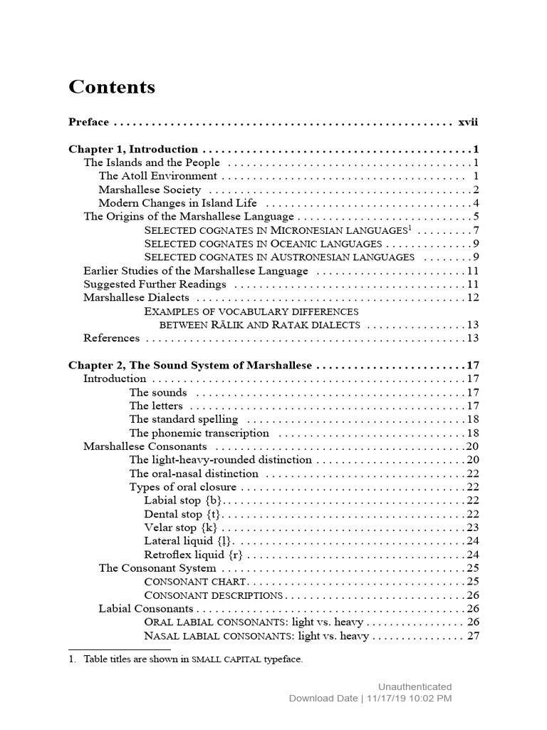 Marshallese Reference Grammar Contents (Bender, Byron W. Capelle ...