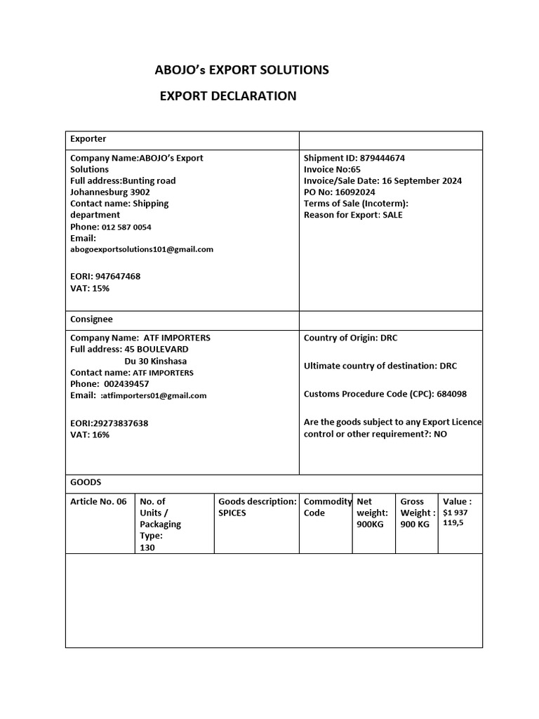 9 Export Declaration | PDF