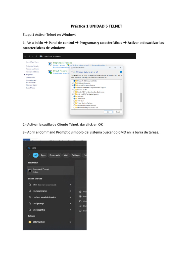 Practica Telnet en Windows | PDF | Interfaz de línea de comando | Archivo de computadora