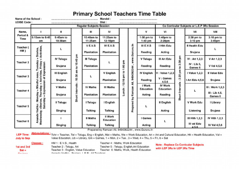 AP PS All Teacher Wise, Class Wise Time Tables 6 Teachers | PDF
