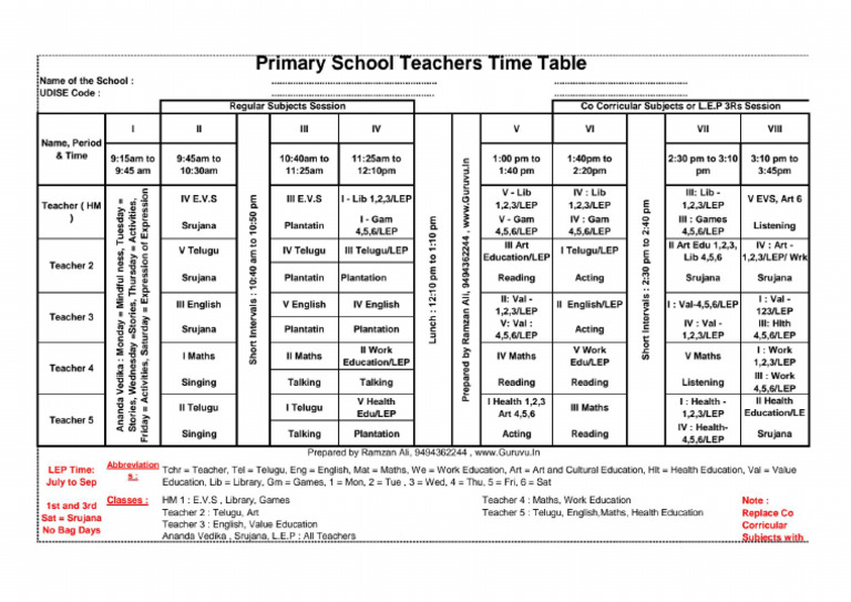 AP PS 5 Teacher Wise, Class Wise Time Tables | PDF