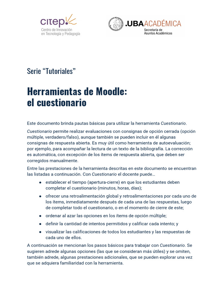 Tutoriales Moodle - Cuestionario | PDF | Cuestionario