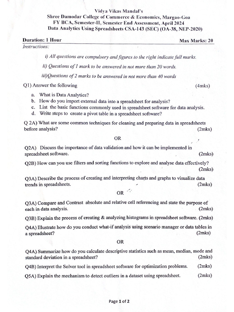 Data Analysis Using Spreadsheets Ques 2 | PDF