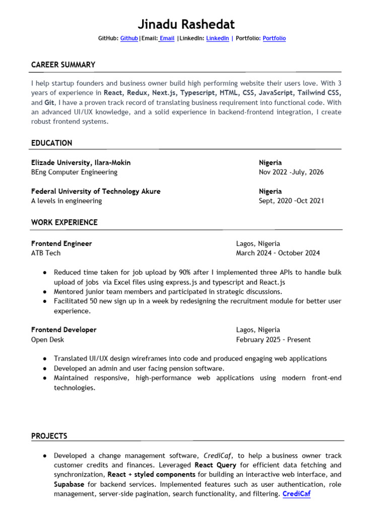 Jinadu Rashedat CV Frontend | PDF | Java Script | Web Development