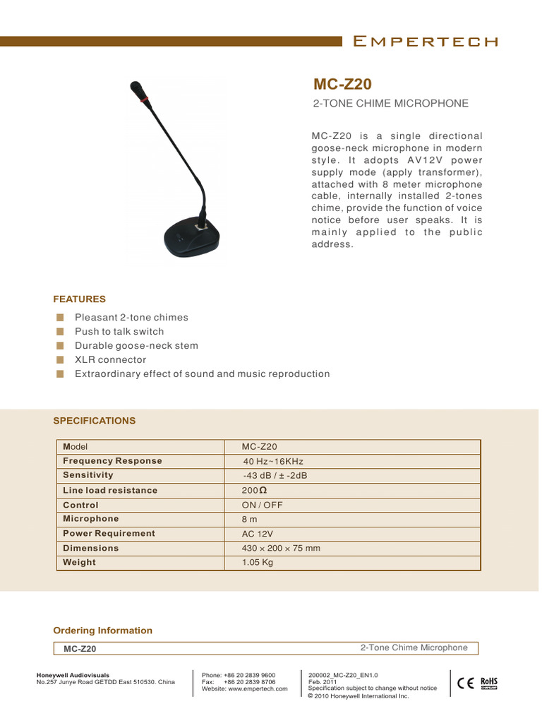 MC-Z20 Desktop Microphones, 2-Tone Chime, Push To Talk Switch | PDF ...