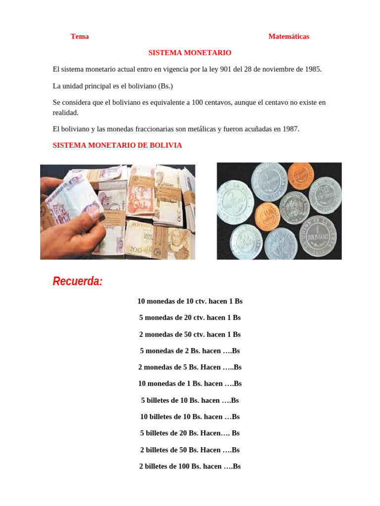 Ejercicios del Sistema Monetario Boliviano | PDF | Billete de banco ...