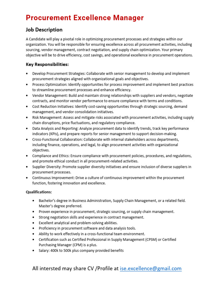 Procurement Excellence Manager Role | PDF | Procurement | Supply Chain