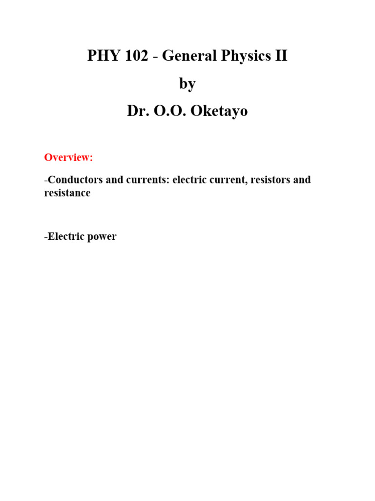 PHY 102 General Physics II Lecture Note Electric Current by DR Oketayo | PDF | Electric Current ...
